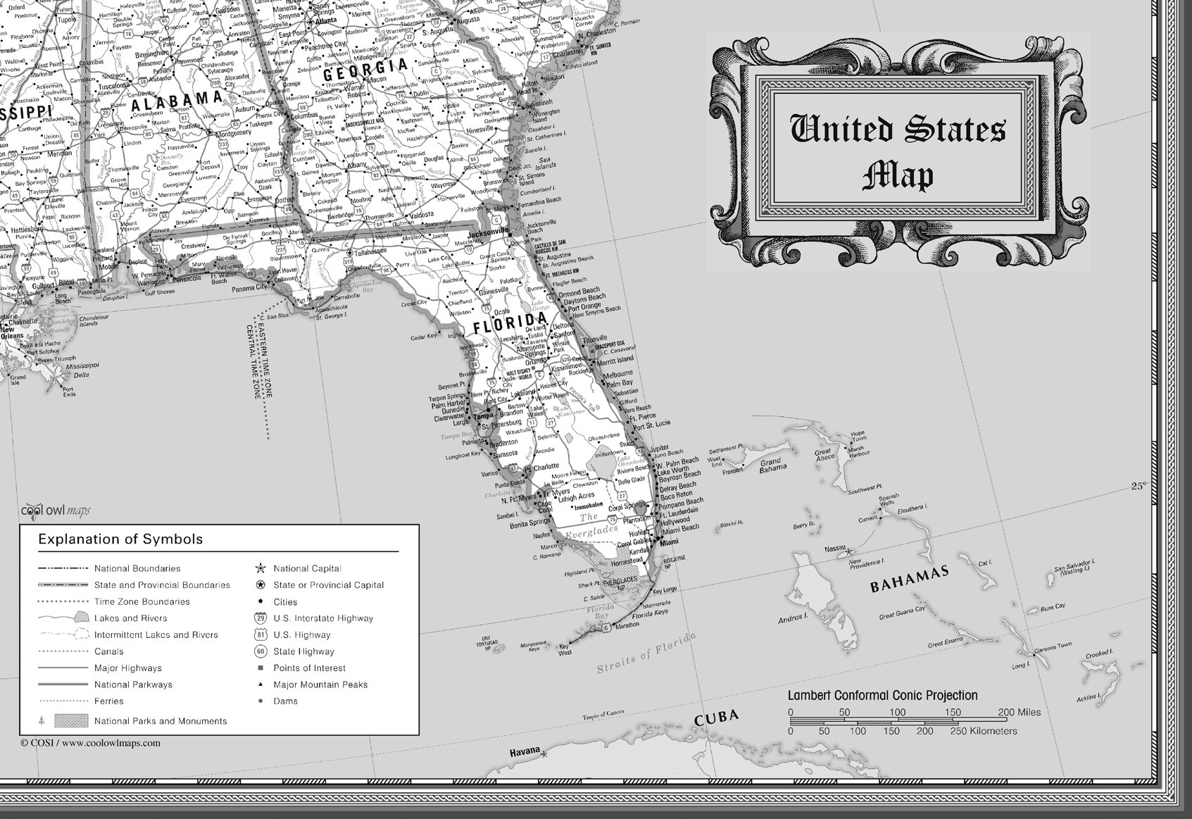 CoolOwlMaps United States Wall Map Black & White Design - Poster Size 36x24 Rolled Paper