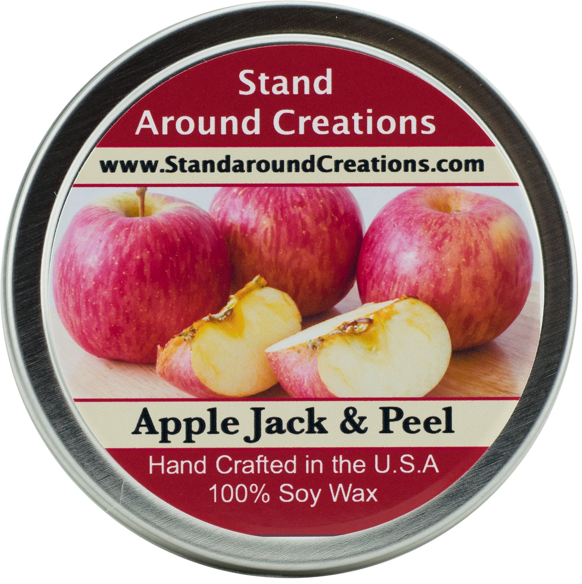 Premium 100% Soy Candle - 8oz Tin - Scent: Apple Jack & Peel - A Scent of Apples and Oranges Blended w/Aromatic Spices of Cinnamon, Clove, Nutmeg w/Ginger and Rich Vanilla. Contains Essential Oils.
