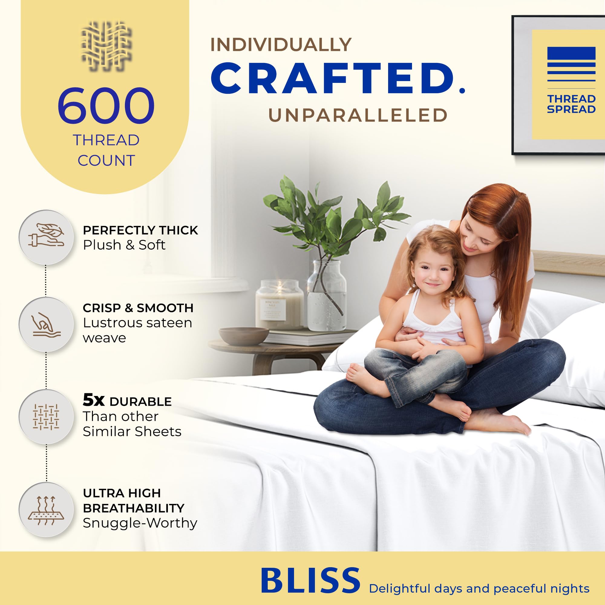 THREAD SPREAD 100% Egyptian Cotton Sheets Full Size - 600 Thread Count White Sheet, 4 PC 16" Deep Pocket Full Size Sheets Sets, High Thread Count Soft Cooling Sateen Weave Cotton Hotel Luxury Sheets
