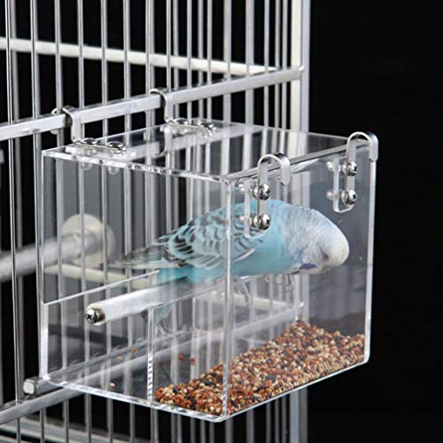 Baluue Automatic Bird Feeder No Mess Bird Cage Feeder, Acrylic Bird Cage Feeder Hanging Bird Feeder with Hooks 6.2 inch Square Bird Feeder