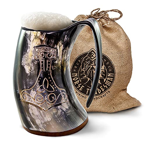 Norse Tradesman XL Viking Drinking Horn Mug - 100% Authentic Beer Horn Tankard With Thor's Hammer Engraving | The Mjolnir, High Polish, approx. 30 oz