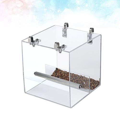Baluue Automatic Bird Feeder No Mess Bird Cage Feeder, Acrylic Bird Cage Feeder Hanging Bird Feeder with Hooks 6.2 inch Square Bird Feeder