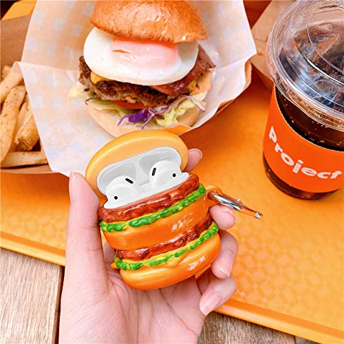 Ultra Thick Soft Silicone Case for Apple AirPods Pro 2019 Generation with Keychain Hook Hamburger 3D Cartoon Food Shaped Cute Lovely Fun Funny Unique Creative Cool Kids Girls Women Teens