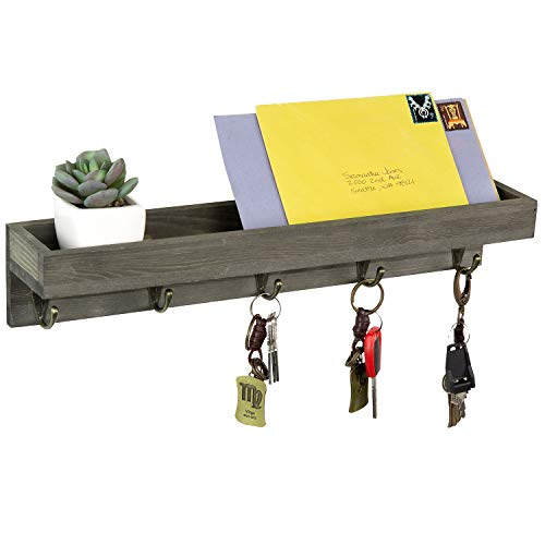 MyGift 16-Inch Vintage Gray Wood Wall-Mounted Entryway Floating Mail Sorter Shelf with 5 Antique Key Hanging Hooks