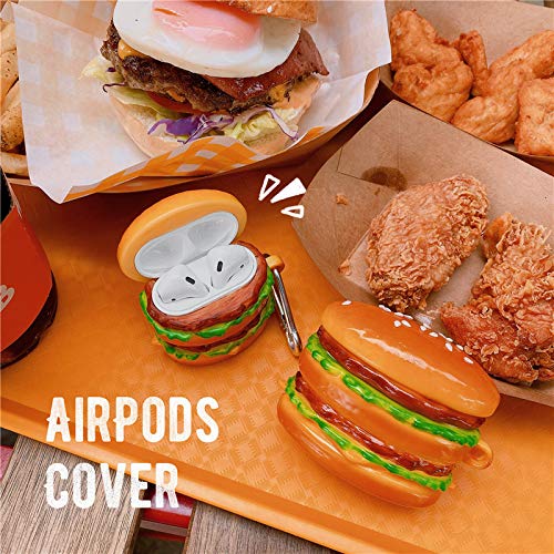 Ultra Thick Soft Silicone Case for Apple AirPods Pro 2019 Generation with Keychain Hook Hamburger 3D Cartoon Food Shaped Cute Lovely Fun Funny Unique Creative Cool Kids Girls Women Teens