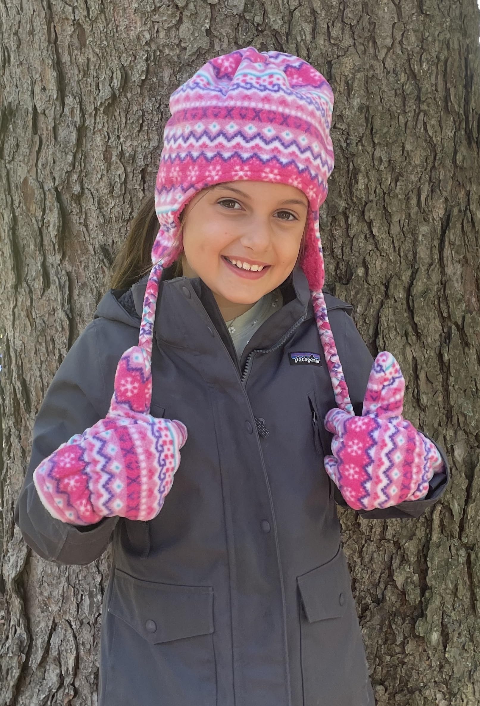 N'Ice Caps Girls Hat Gloves Set Kids Fleece Winter Warm Sherpa Lined Fair Isle (5-8 Years, Fuchsia Multicolor)