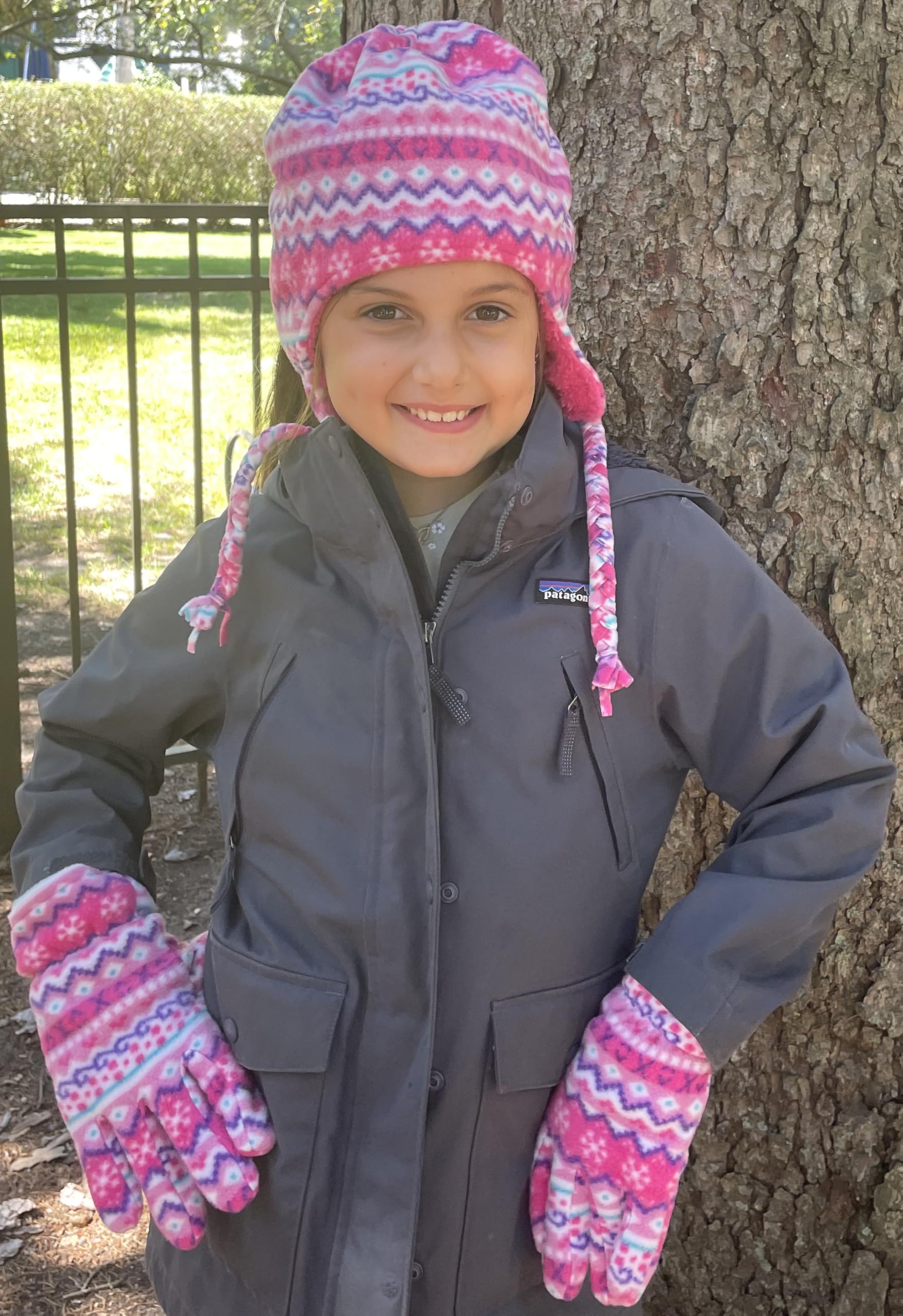 N'Ice Caps Girls Hat Gloves Set Kids Fleece Winter Warm Sherpa Lined Fair Isle (5-8 Years, Fuchsia Multicolor)