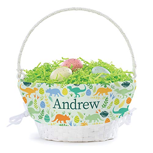 Dino Pattern Personalized Easter Egg Basket with Handle and Custom Name | Green Easter Basket Liners | White Basket | Woven Easter Baskets for Kids | Customized Easter Basket | Gift for Easter