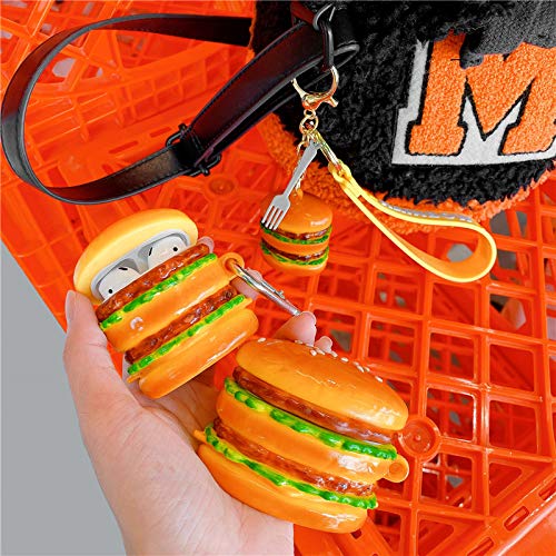 Ultra Thick Soft Silicone Case for Apple AirPods Pro 2019 Generation with Keychain Hook Hamburger 3D Cartoon Food Shaped Cute Lovely Fun Funny Unique Creative Cool Kids Girls Women Teens