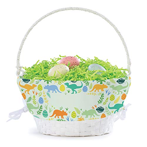 Dino Pattern Personalized Easter Egg Basket with Handle and Custom Name | Green Easter Basket Liners | White Basket | Woven Easter Baskets for Kids | Customized Easter Basket | Gift for Easter
