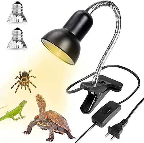 50W Reptile Heat Lamp, Set of 2 Bulbs, Basking Spot Lamp with 360°Rotatable Clip, Clamp Lamp for Aquarium Adjustable Light and Temperature with Holder UVA UVB Bulb for Lizard Turtle Snake Amphibian