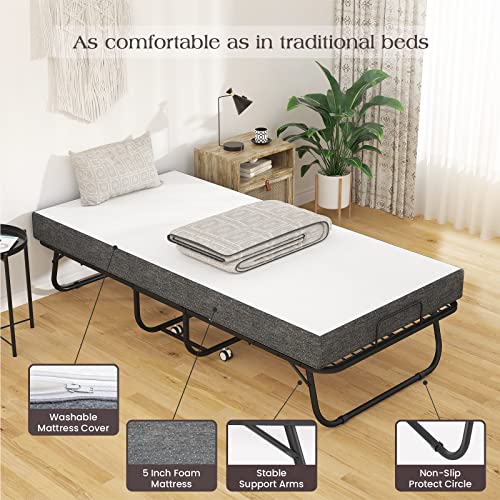 Karcog Folding Bed with Mattress, Rollaway Bed Storage Cover Included, Portable Foldable Guest Bed for Adults, Cot Size Fold up Bed with Memory Foam Mattress and Metal Frame on Wheels - 75β x 31"