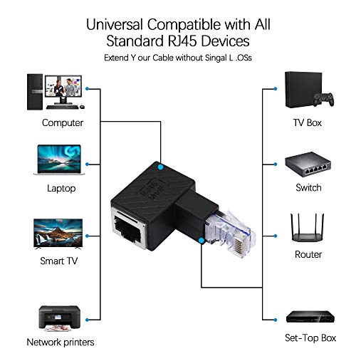 YACSEJAO Cat5e/Cat6 RJ45 Ethernet Adapter,2Pack 90 Degree Ethernet RJ45 / 8P8C Male to Female Right Angle Adapter Support Cat6 / Cat5e / Cat5 Standard LAN Cable(Down)