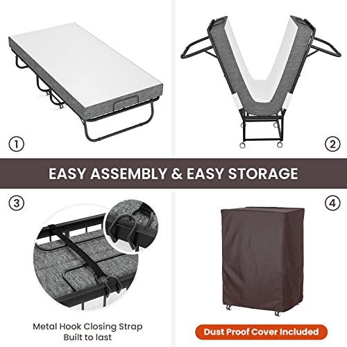 Karcog Folding Bed with Mattress, Rollaway Bed Storage Cover Included, Portable Foldable Guest Bed for Adults, Cot Size Fold up Bed with Memory Foam Mattress and Metal Frame on Wheels - 75β x 31"