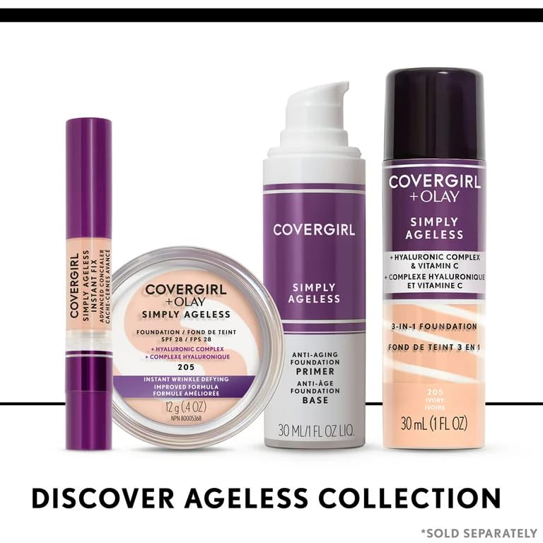 CoverGirl & Olay Simply Ageless 3-in-1 Liquid Foundation, Matte Finish, Hyaluronic & Vitamin C Formula, Cruelty Free, Natural Beige, 1 Count
