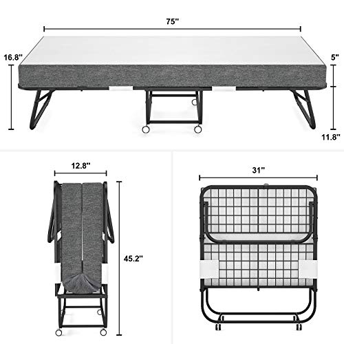 Karcog Folding Bed with Mattress, Rollaway Bed Storage Cover Included, Portable Foldable Guest Bed for Adults, Cot Size Fold up Bed with Memory Foam Mattress and Metal Frame on Wheels - 75β x 31"