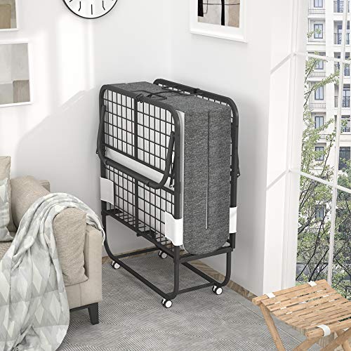 Karcog Folding Bed with Mattress, Rollaway Bed Storage Cover Included, Portable Foldable Guest Bed for Adults, Cot Size Fold up Bed with Memory Foam Mattress and Metal Frame on Wheels - 75β x 31"