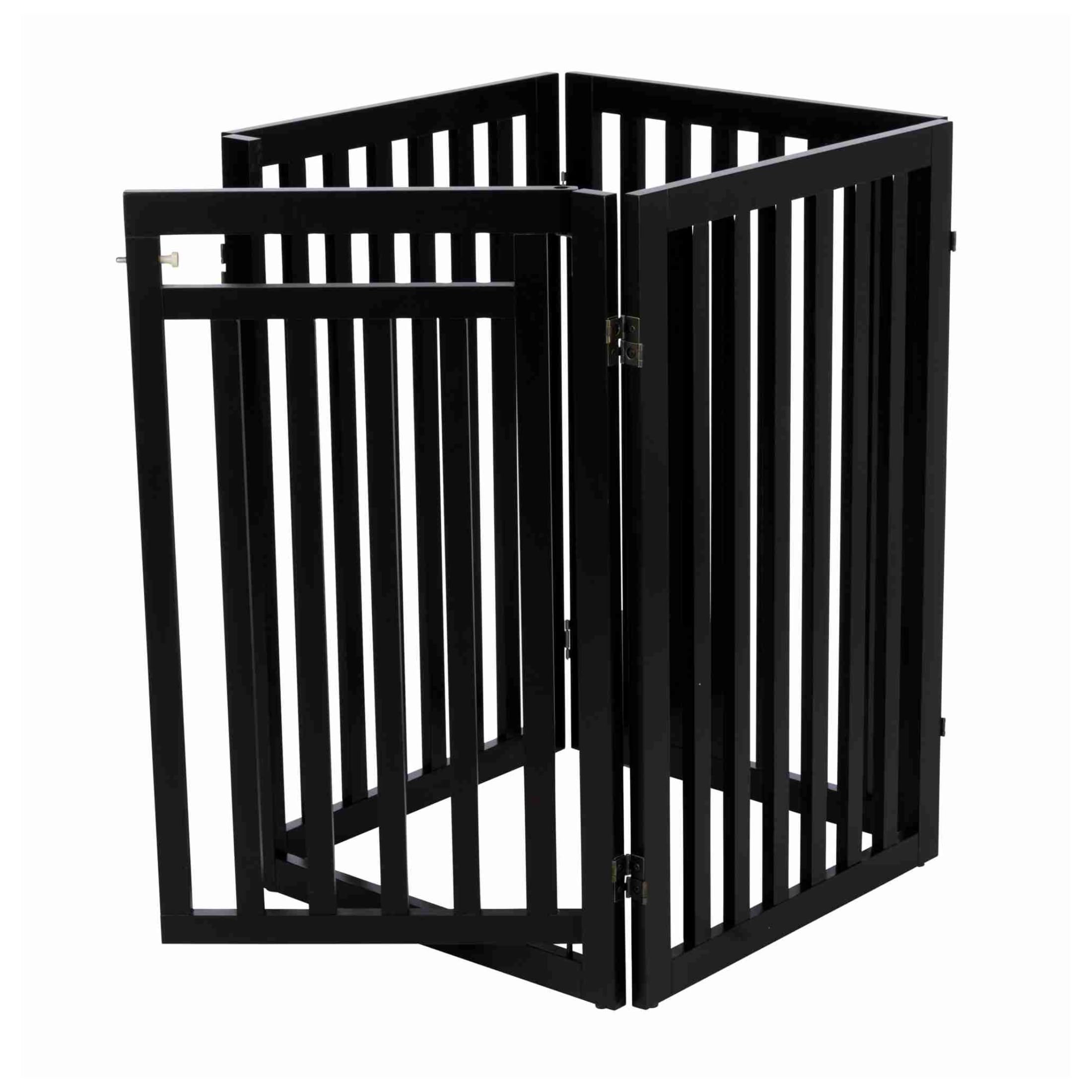 TRIXIE Freestanding 4-Panel Pet Gate, Foldable Pet Barrier Fence, Convertible Pet Pen, 32-in Tall, Walk Through Door, Brown