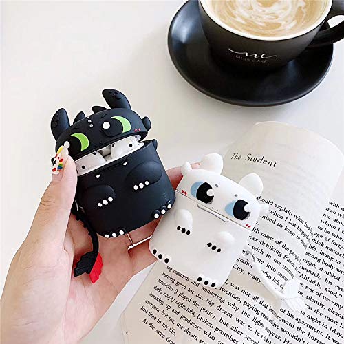 ZOSTLAND Cute Earphone AirPods Case, Long Tail Sitting Dragon Thick Soft Portable Silicone Protective Shockproof Skin Cover Box Compatible with Apple AirPods 2&1 Charging Station Case (Dragon Black)
