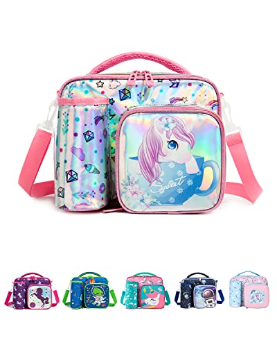 IvyH Kids Lunch Bag with Bottle Holder, Children Lunch Box with 3 Compartments, Unicorn Girls Insulated Lunchbox Bag Tote for School Travel Snacks Carrier, Pink