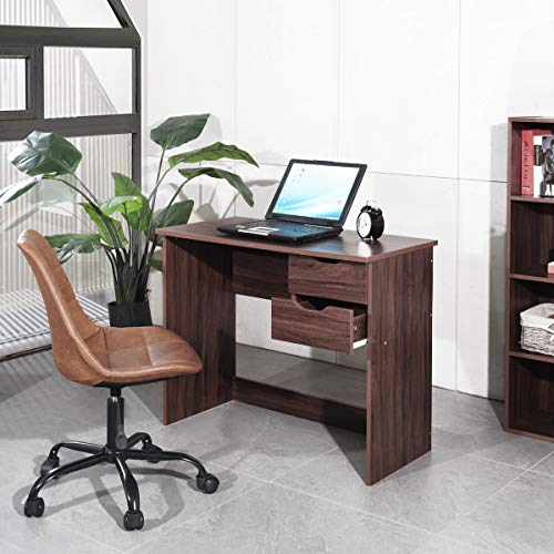 Computer Desk, 35.4'' Writing Gaming Desk Modern Simple Style PC Table with 2 Drawers & Solid Construction, Rustic Industrial Workstation Easy to Assemble & Care Home Office Furniture, Walnut