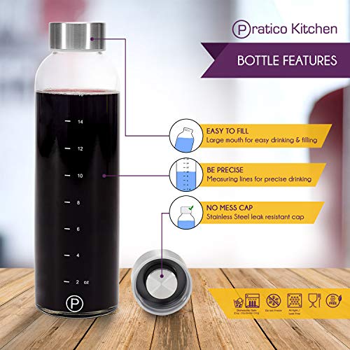 Pratico Kitchen 18 oz.Leak-Proof Clear Glass Bottles, Juicing Containers, Water / Beverage Bottles - 6-Pack