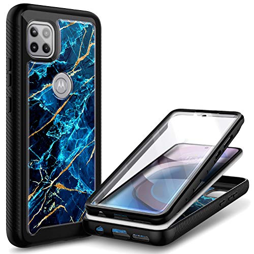 NZND Case for Motorola Moto One 5G Ace (One 5G UW Ace) with [Built-in Screen Protector], Full-Body Protective Shockproof Rugged Bumper Cover, Impact Resist Durable Phone Case (Marble Design Sapphire)
