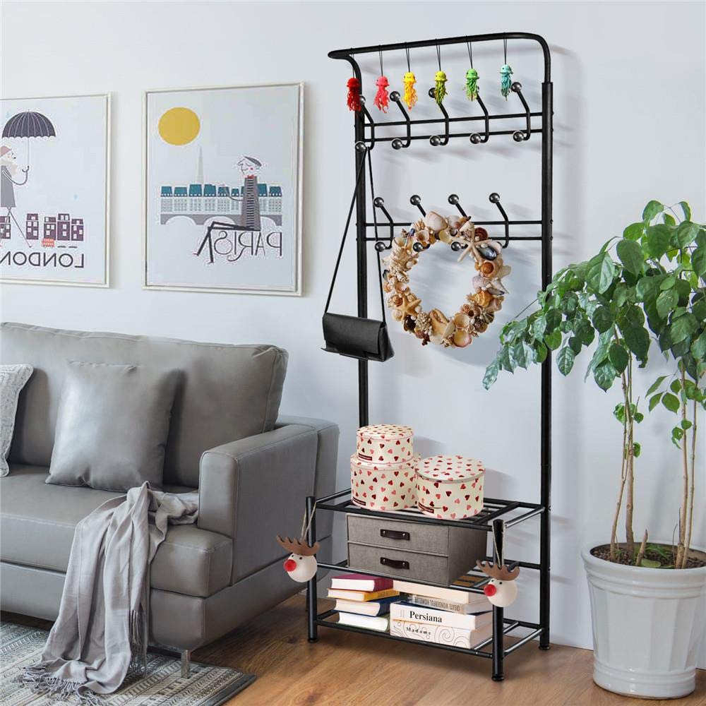 Yaheetech Coat Rack, 3 in 1 Hall Tree with Shoe Storage Bench,Coat Shoe Rack Freestanding with 18 Hooks & a Hanging Rod for Entryway Living Room Bedroom,Metal Frame, Black
