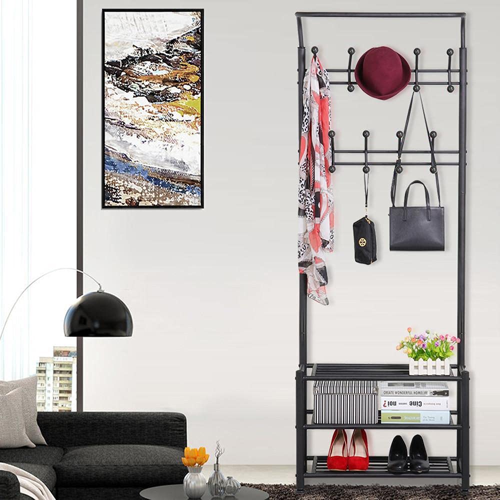 Yaheetech Coat Rack, 3 in 1 Hall Tree with Shoe Storage Bench,Coat Shoe Rack Freestanding with 18 Hooks & a Hanging Rod for Entryway Living Room Bedroom,Metal Frame, Black