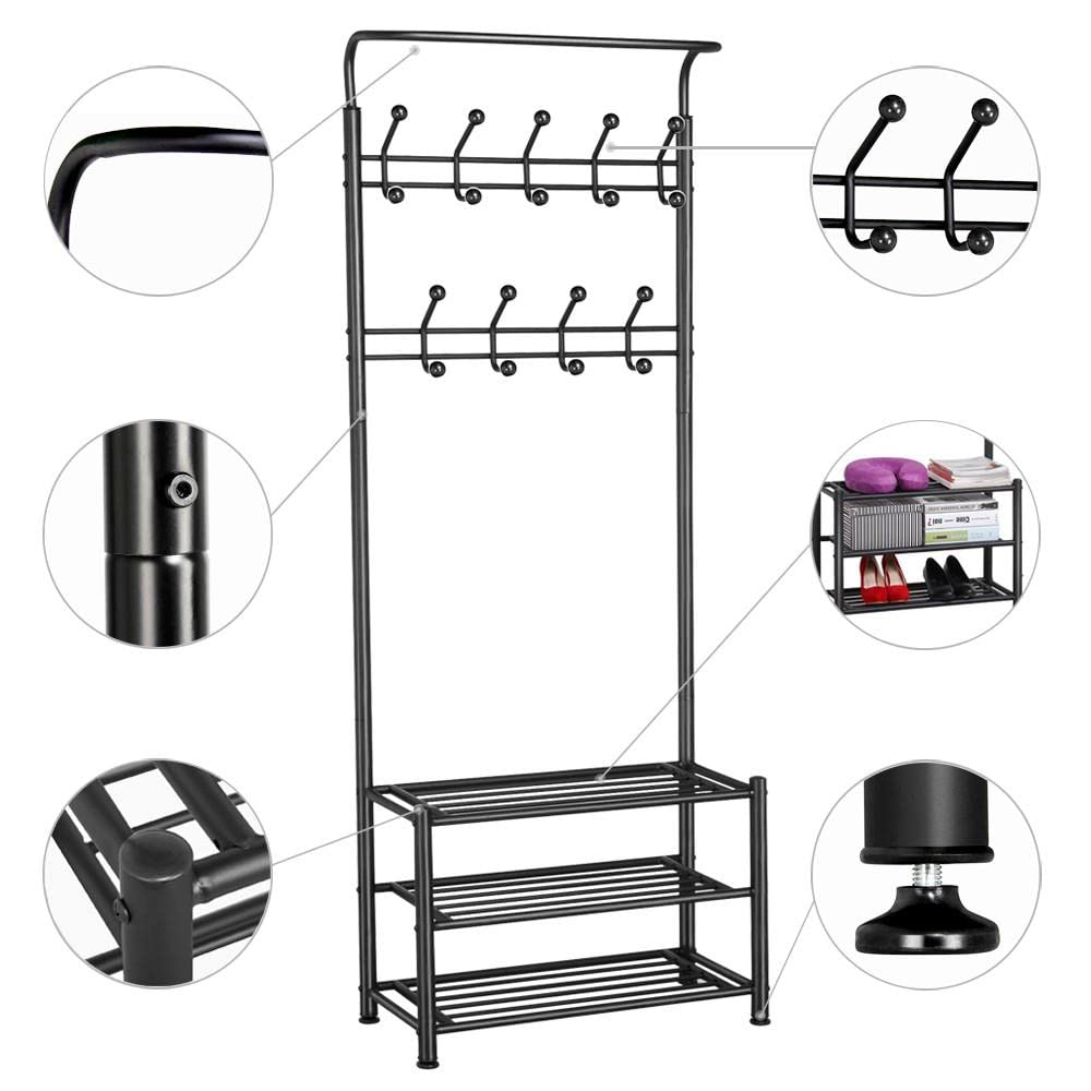 Yaheetech Coat Rack, 3 in 1 Hall Tree with Shoe Storage Bench,Coat Shoe Rack Freestanding with 18 Hooks & a Hanging Rod for Entryway Living Room Bedroom,Metal Frame, Black