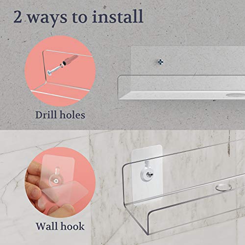 Mocoosy 2 Pack Clear Acrylic Floating Shelf 10'', Invisible Wall Mounted Shelf with Cord Hole, Small Display Ledge Shelves for Smart Speaker/Action Figures, Great for Kids Room Bathroom Office Display