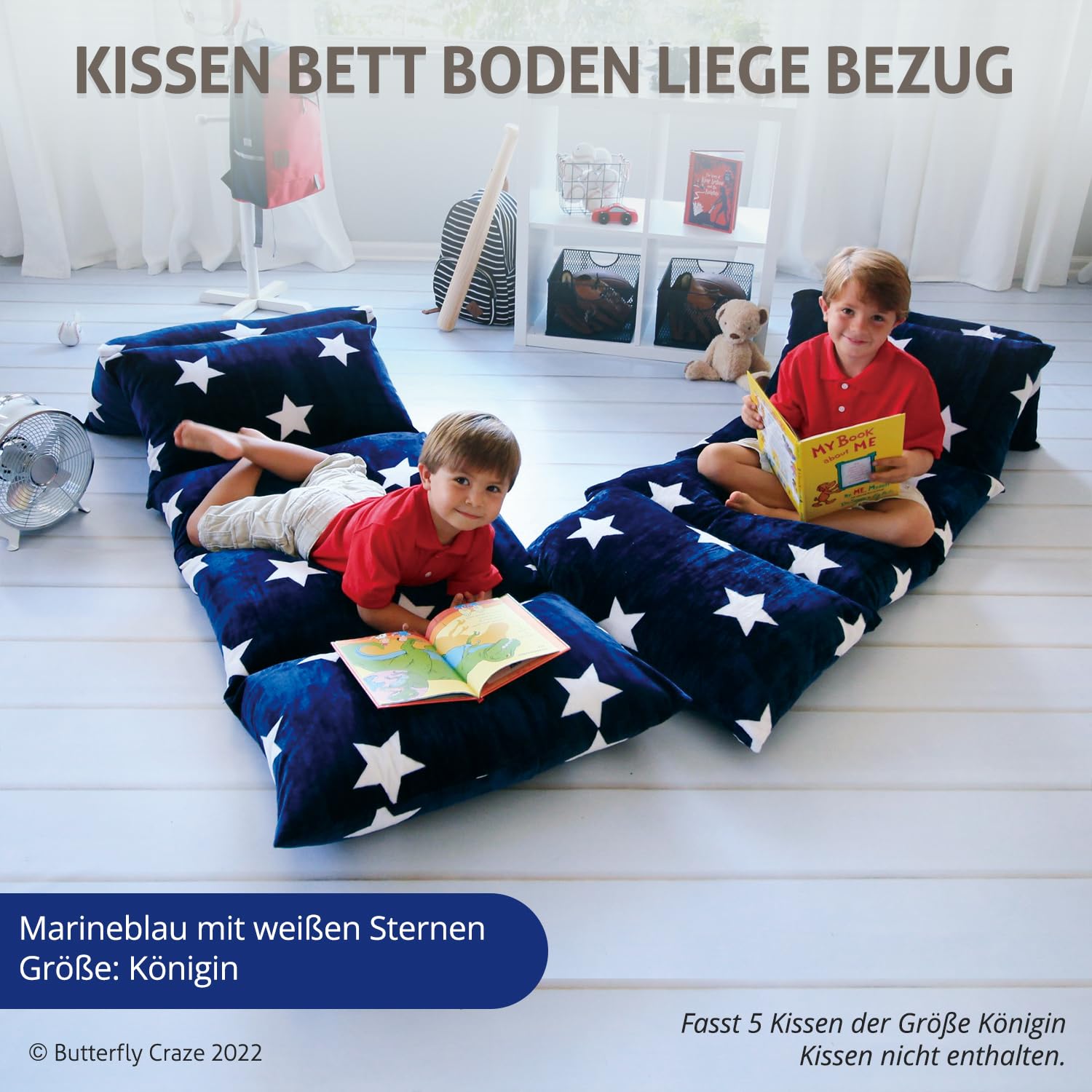 Butterfly Craze Floor Pillow Case, Mattress Bed Lounger Cover, Star Navy, Queen Size - Cozy Seating Solution for Kids & Adults, Recliner Cushion, Perfect for Reading, TV Time (Pillow Not Included)