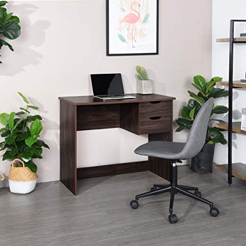 Computer Desk, 35.4'' Writing Gaming Desk Modern Simple Style PC Table with 2 Drawers & Solid Construction, Rustic Industrial Workstation Easy to Assemble & Care Home Office Furniture, Walnut
