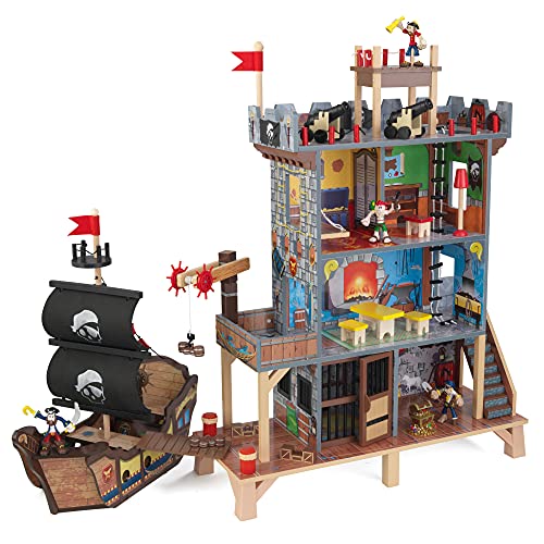 KidKraft Pirate's Cove Wooden Ship Play Set with Lights and Sounds, Pirates and 17-Piece Accessories, Gift for Ages 3+