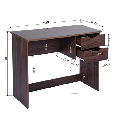 Computer Desk, 35.4'' Writing Gaming Desk Modern Simple Style PC Table with 2 Drawers & Solid Construction, Rustic Industrial Workstation Easy to Assemble & Care Home Office Furniture, Walnut