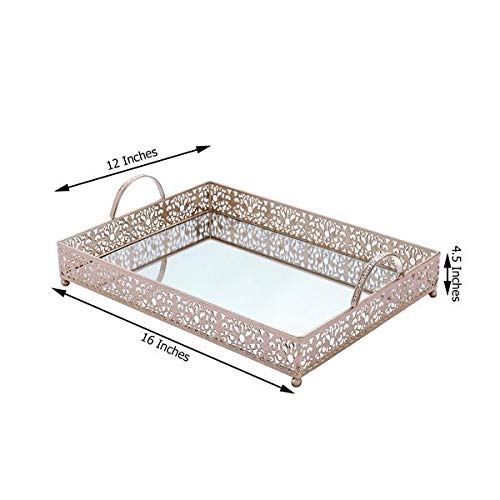 BalsaCircle 16x12-Inch Rose Gold Metal Rectangle Fleur De Lis Trim Decorative Mirror Serving Tray Wedding Party Dessert Centerpieces