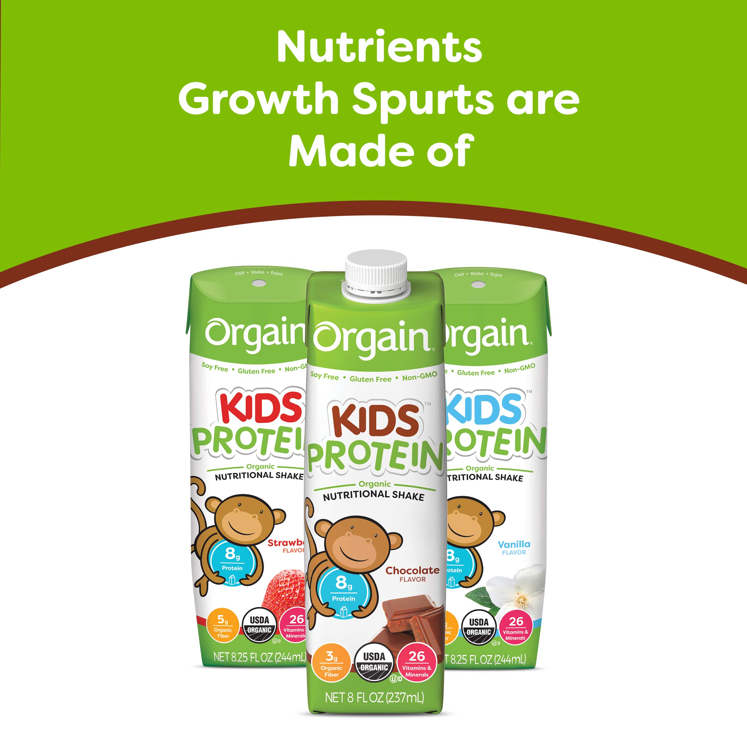Orgain Organic Kids Protein Nutritional Shake, Chocolate - Great for Breakfast & Snacks, 21 Vitamins & Minerals, 10 Fruits & Vegetables, Gluten Free, Soy Free, 8.25 oz, 12 Count (Packaging May Vary)