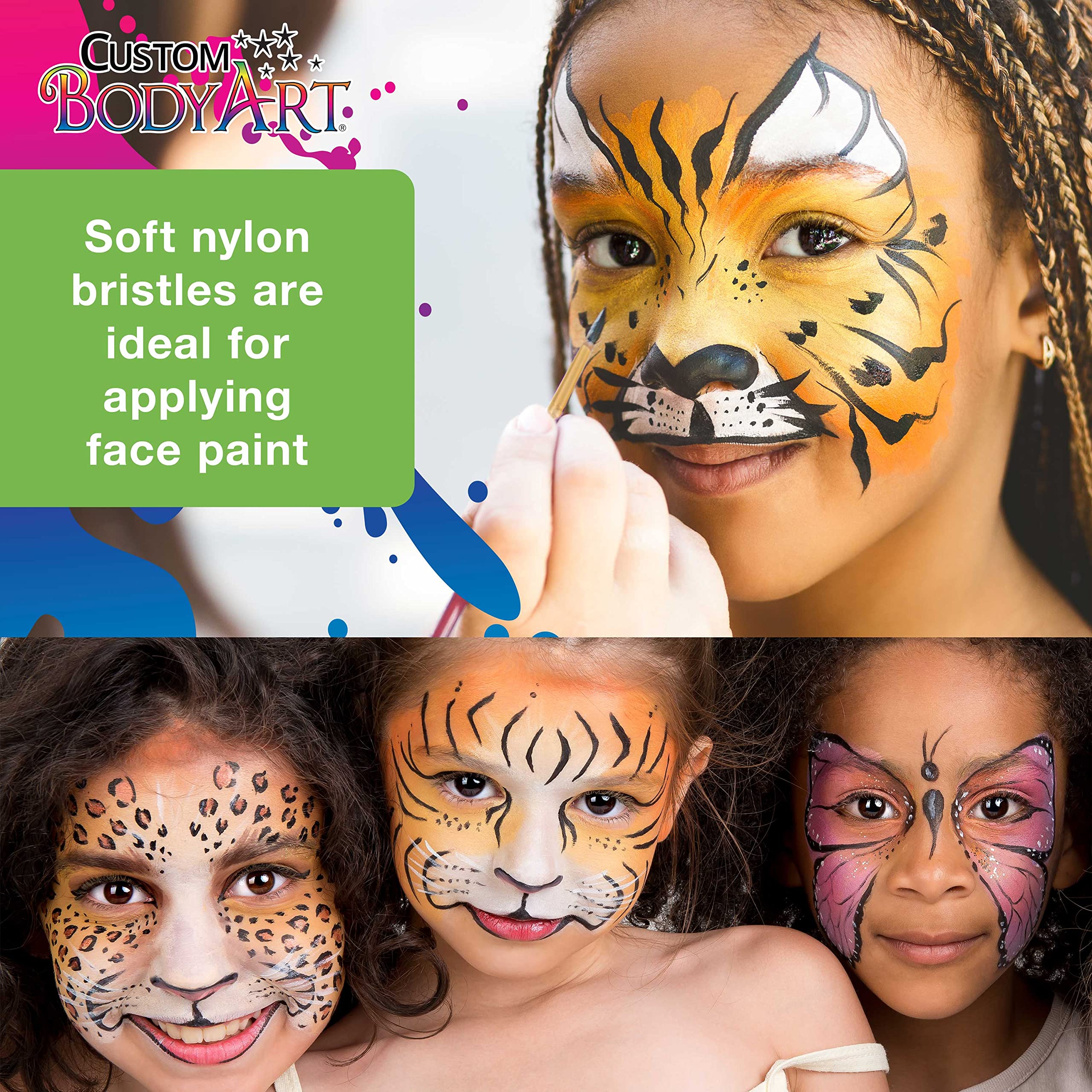 Custom Body Art 6 Piece Nylon Hair Face Painting Brush Set - 4 Round Size 2-4-6-10, 2 Flat Size 8-12 alos Great for Watercolor and Acrylic Paints