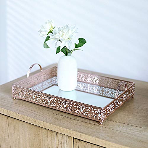 BalsaCircle 16x12-Inch Rose Gold Metal Rectangle Fleur De Lis Trim Decorative Mirror Serving Tray Wedding Party Dessert Centerpieces