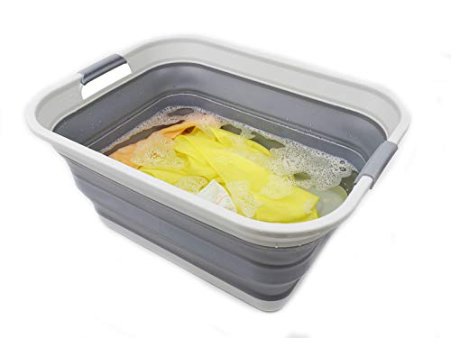SAMMART 42L(11 Gallon) Collapsible Plastic Laundry Basket-Foldable Pop Up Storage Container/Organizer-Portable Washing Tub-Space Saving,Water Capacity 34L(9 Gallon) (1 Rectangular - Strengthen, Grey)