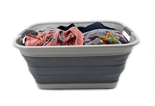 SAMMART 42L(11 Gallon) Collapsible Plastic Laundry Basket-Foldable Pop Up Storage Container/Organizer-Portable Washing Tub-Space Saving,Water Capacity 34L(9 Gallon) (1 Rectangular - Strengthen, Grey)
