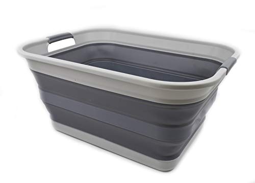SAMMART 42L(11 Gallon) Collapsible Plastic Laundry Basket-Foldable Pop Up Storage Container/Organizer-Portable Washing Tub-Space Saving,Water Capacity 34L(9 Gallon) (1 Rectangular - Strengthen, Grey)