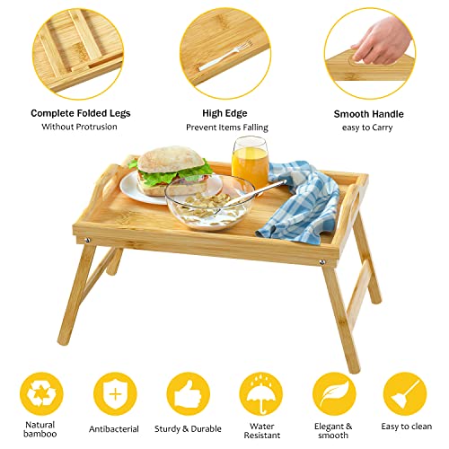 Bed Breakfast Tray Table Serving Lap Food TV Dinner for Eating with Folding Legs & Handles Bamboo