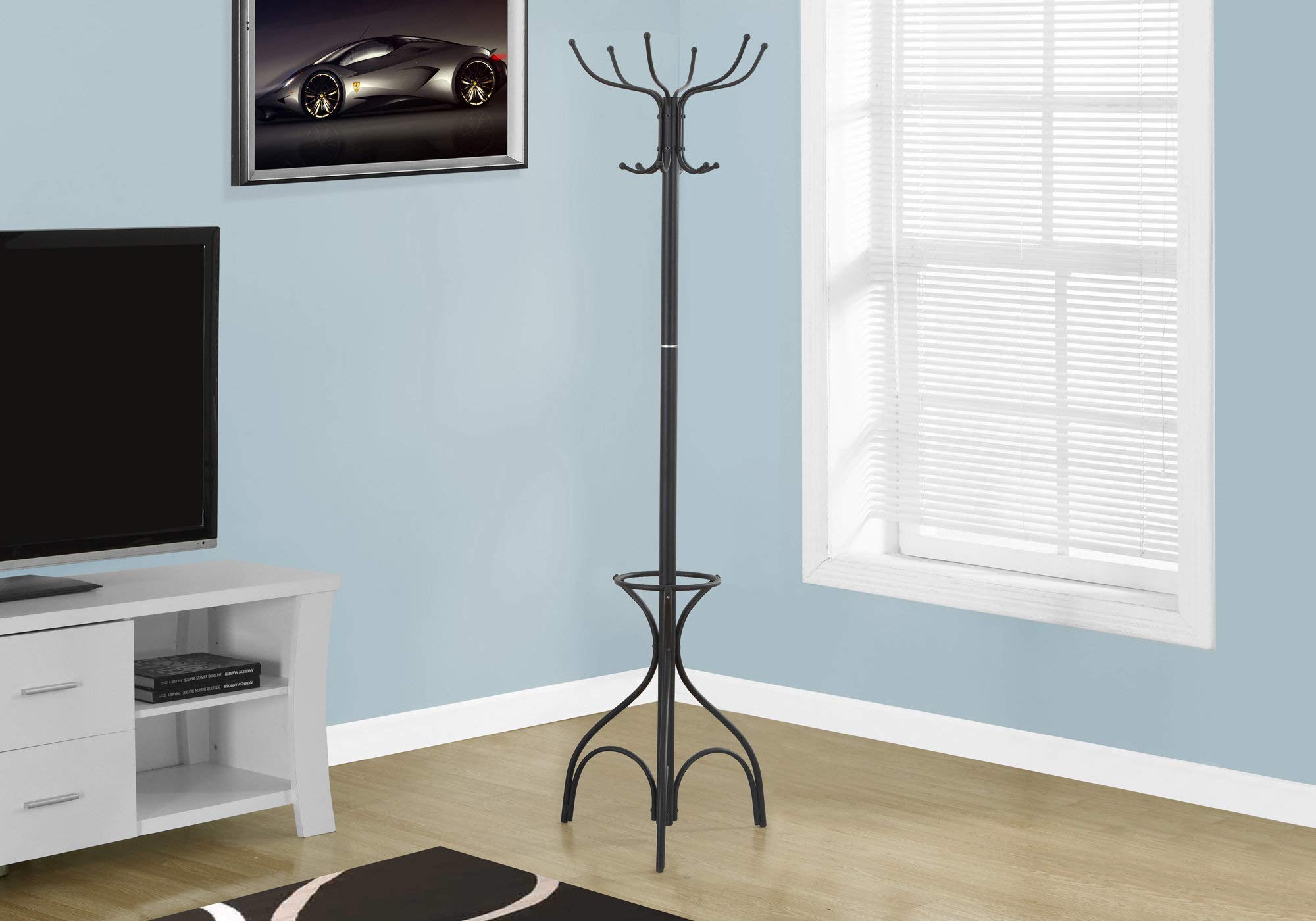 Monarch Specialties 2031, Hall Tree, Free Standing, 12 Hooks, Entryway, Umbrella Holder, Bedroom, Metal, Black, Transitional Coat Rack, 18" L x 18" W x 70" H