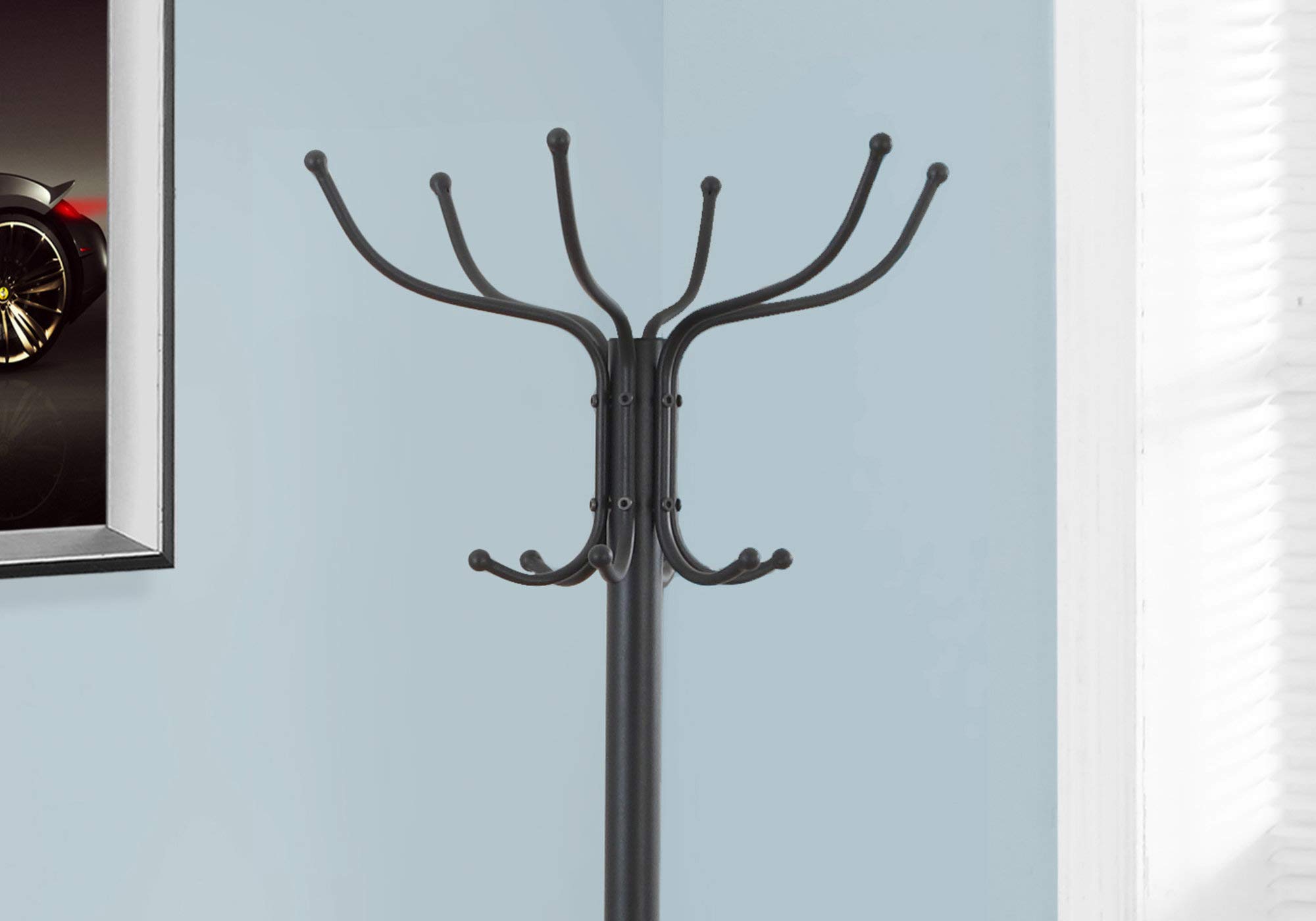Monarch Specialties 2031, Hall Tree, Free Standing, 12 Hooks, Entryway, Umbrella Holder, Bedroom, Metal, Black, Transitional Coat Rack, 18" L x 18" W x 70" H