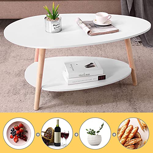 Maupvit Coffee Table-Oval Wood Coffee Table with Open Shelving for Storage and Display 2 Tier Sofa Table, Small Modern Furniture for Living Room&Home Office-White