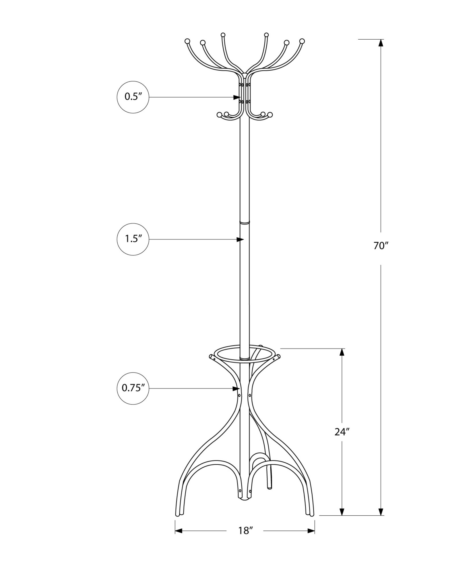 Monarch Specialties 2031, Hall Tree, Free Standing, 12 Hooks, Entryway, Umbrella Holder, Bedroom, Metal, Black, Transitional Coat Rack, 18" L x 18" W x 70" H