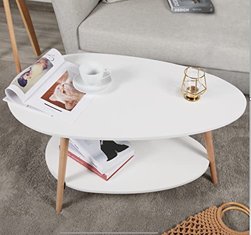 Maupvit Coffee Table-Oval Wood Coffee Table with Open Shelving for Storage and Display 2 Tier Sofa Table, Small Modern Furniture for Living Room&Home Office-White