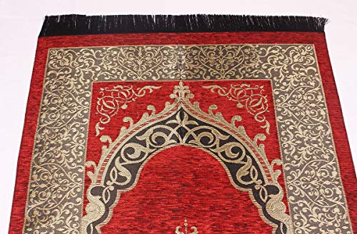 Muslim Prayer Rug with Prayer Beads | Janamaz | Sajadah | Soft Islamic Prayer Rug | Islamic Gifts | Prayer Carpet Mat, Chenille Fabric, Brick