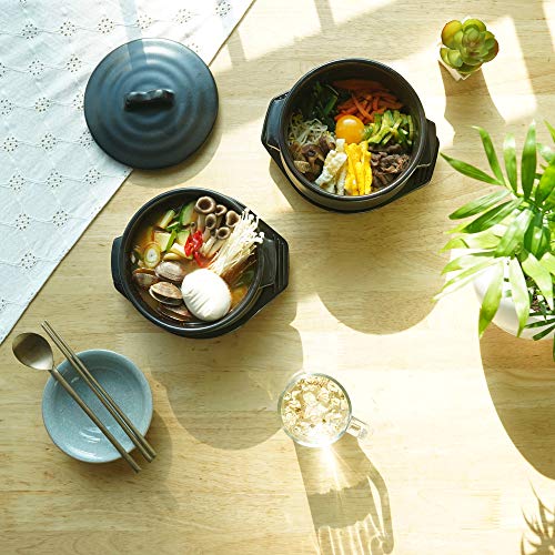 ElinCube Premium Korean Stone Bowl with Lid & Platter, Clay Pot for Cooking Hot Pot Dolsot Bibimbap and Soup Cookware